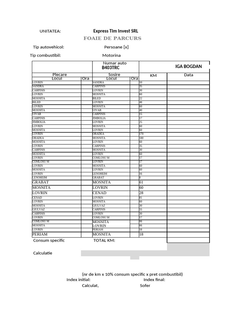 Foaie Parcurs BOGDAN | PDF