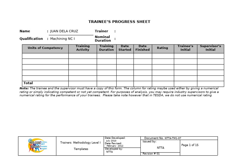 4 - SWBL-Trainees Progress Sheet | PDF