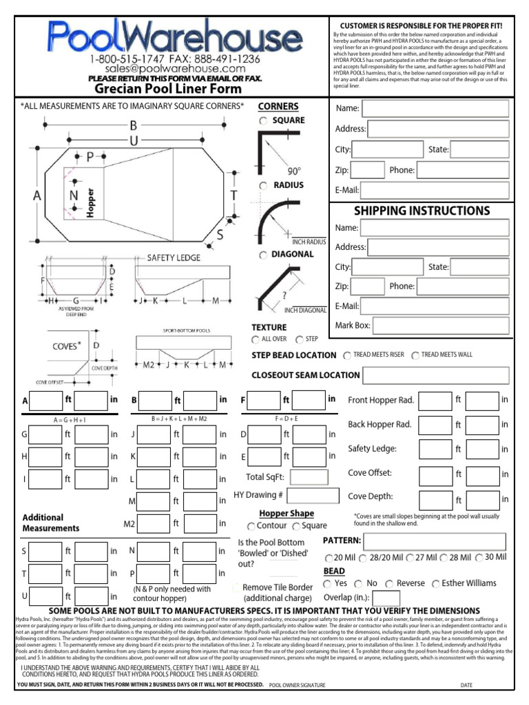 Grecian Vinyl Inground Pool Liner Measurement Order Form | PDF ...