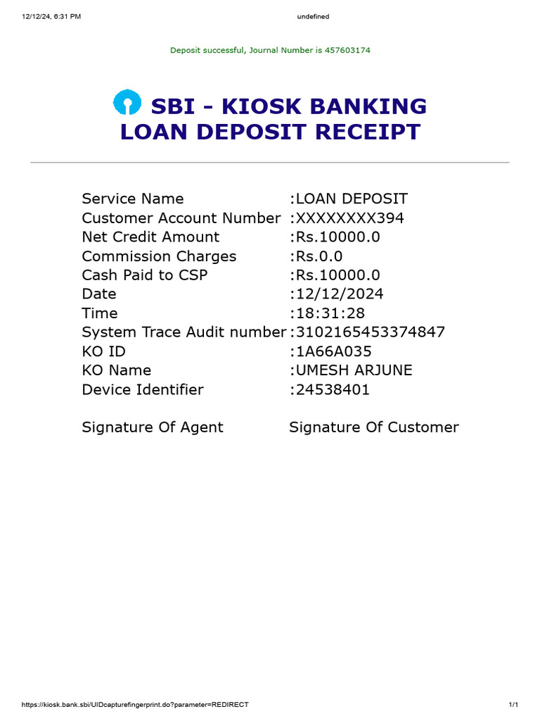 SBI Loan Deposit Receipt - 457603174 | PDF