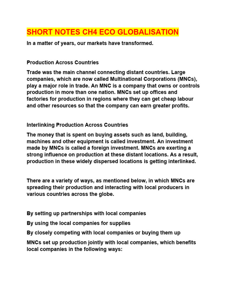 Short Notes CH4 Eco Globalisation | PDF | Globalization | Multinational ...
