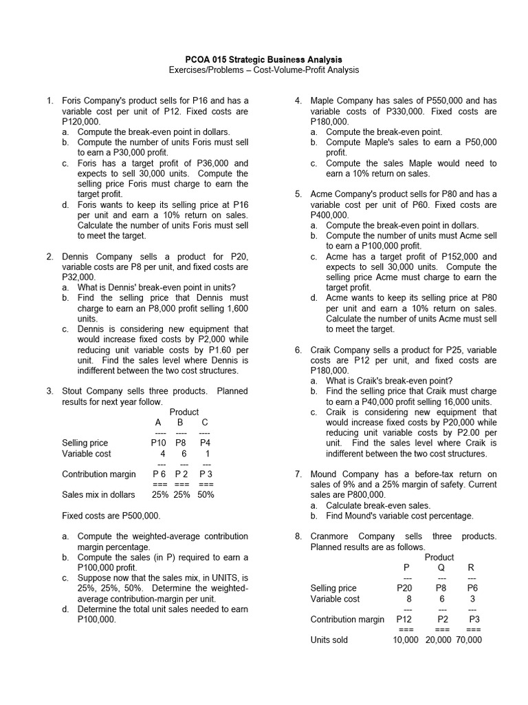 PCOA 015 2 CVP Exercises | PDF | Financial Economics | Accounting
