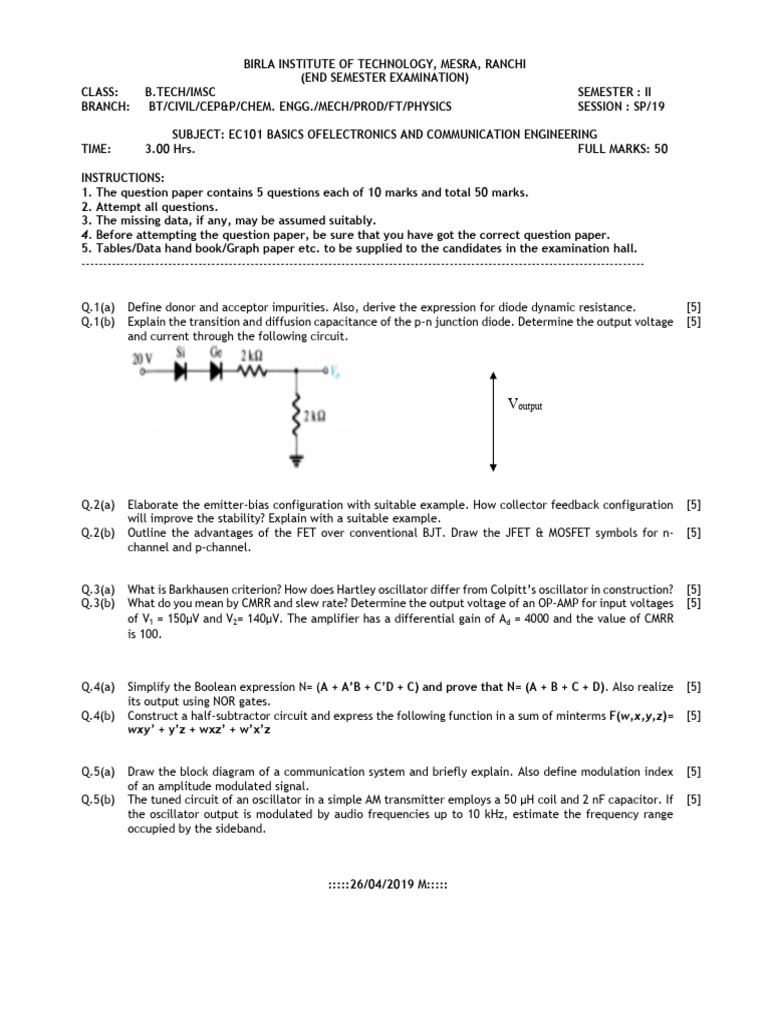 B.Tech Electronics Exam Paper - II Semester | PDF | Electronic ...