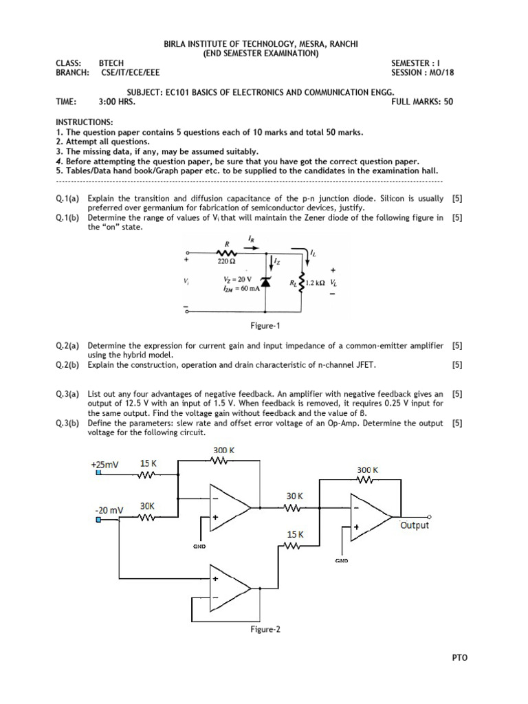BTech EC101 Exam Paper: Electronics Basics | PDF | Electronic ...