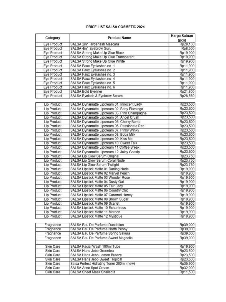 SALSA Cosmetic Price List 2024 | PDF | Human Appearance | Beauty