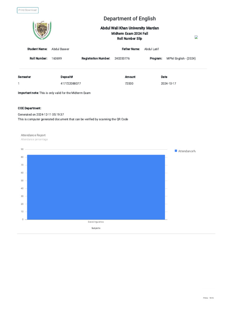 Student Portal - Exam Slip | PDF