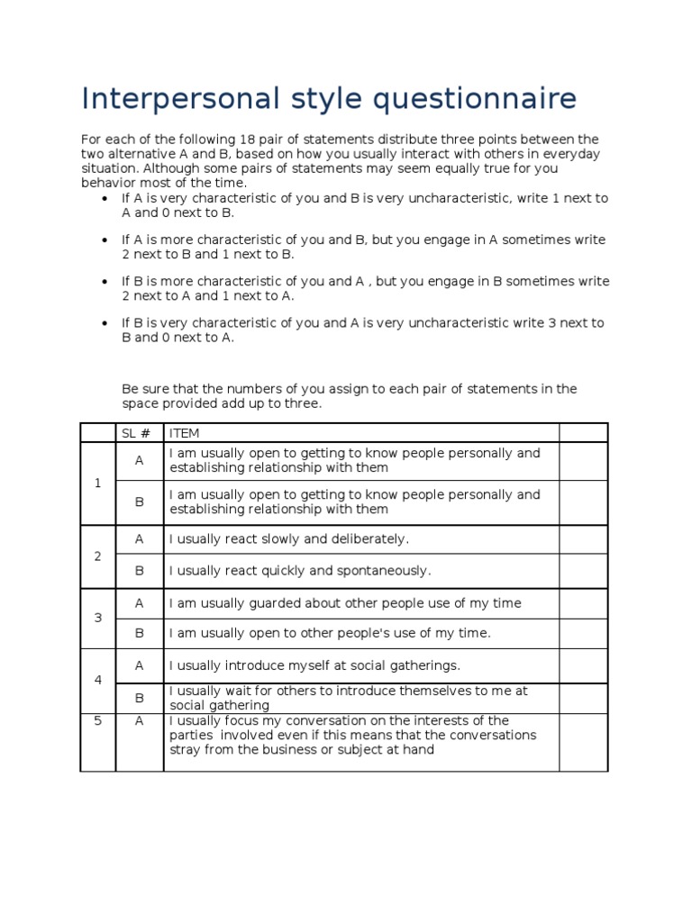 Interpersonal Style Questionnaire | Extraversion And Introversion ...