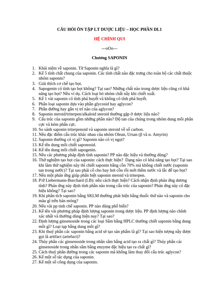 CÂUHỎIÔNTẬP DL1 2024- Saponin | PDF
