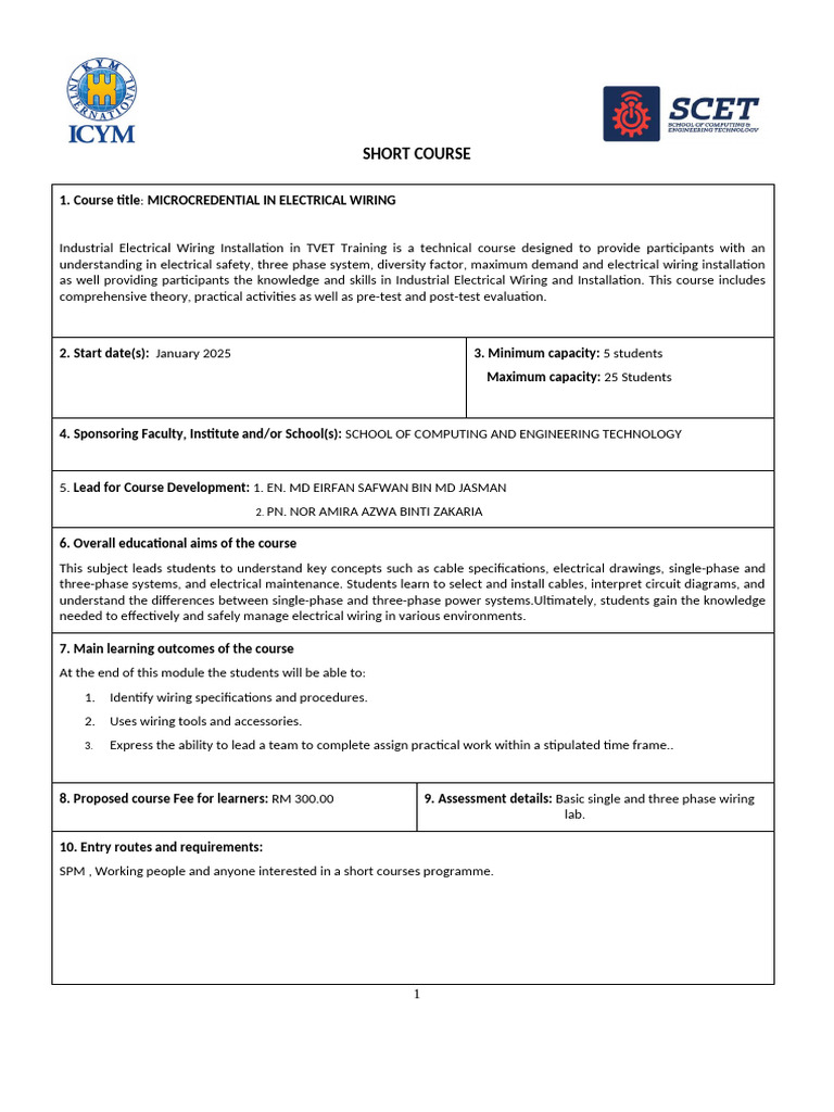Short Courses Electrical Wiring | PDF | Electrical Wiring | Learning