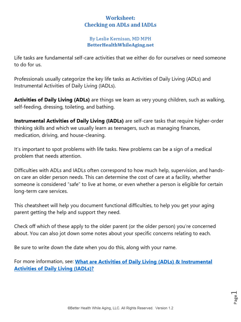 ADLs & IADLs Checklist for Seniors | PDF | Health Care