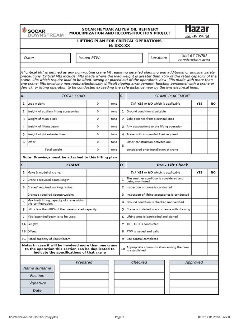 Critical Lifting Plan for Operations | PDF | Crane (Machine)