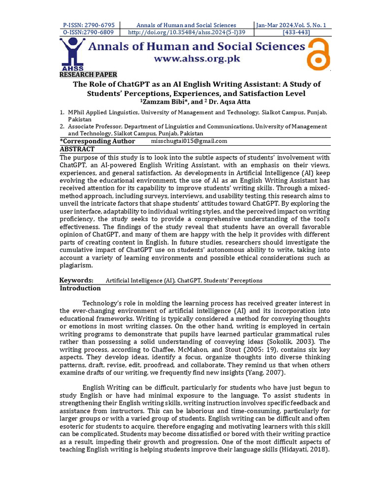 The Role of Chatgpt As An Ai English Writing Assistant: A Study of Students' Perceptions ...