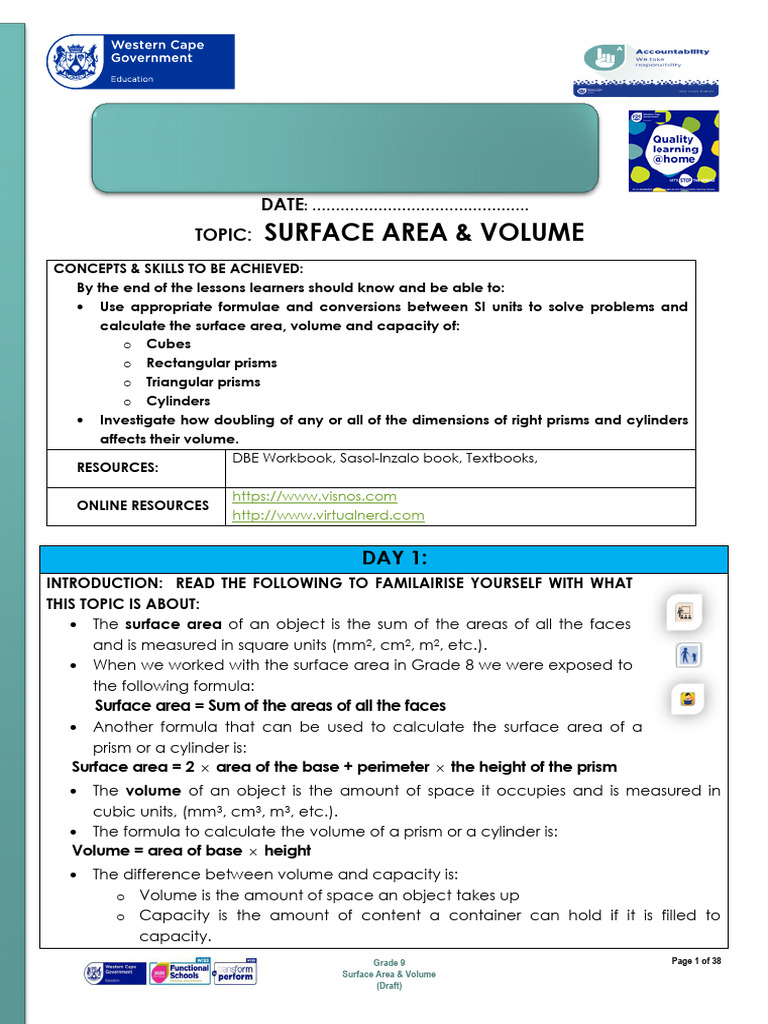 Grade 9 Surface Area & Volume Guide | PDF | Volume | Area