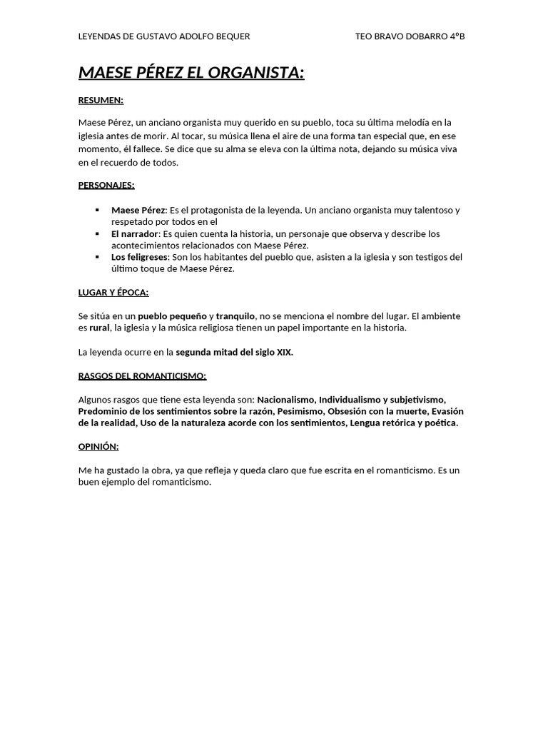 MAESE PÉREZ EL ORGANISTA Leyenda Romanticismo Lengua | PDF