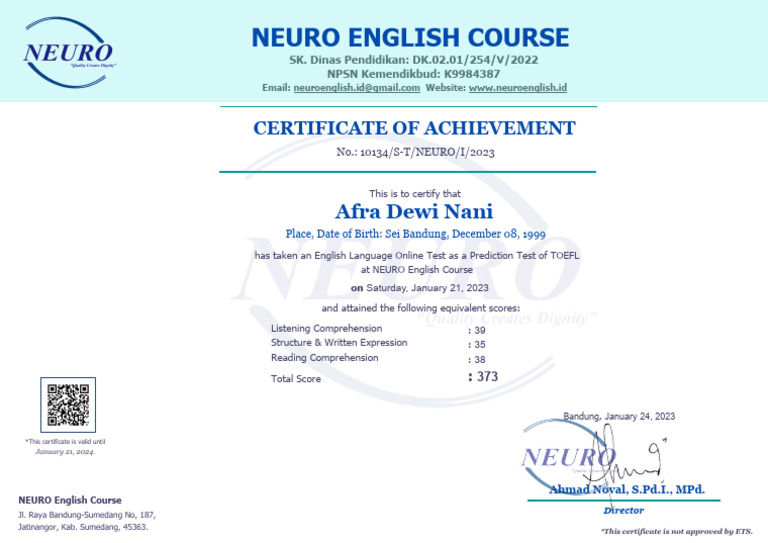 Certificate of Achievement - TOEFL Prediction Test | PDF