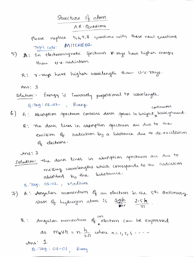 Structure of Atom Revised Questions | PDF