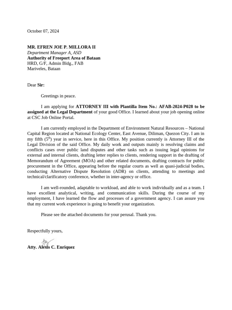 Application Letter - AFAB - AttyAlexisEnriquez - 10072024 | PDF