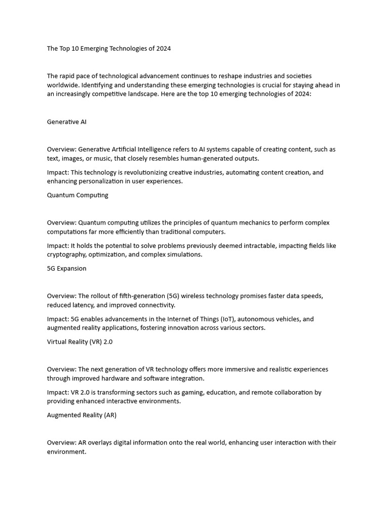 The Top 10 Emerging Technologies of 2024 | PDF | Internet Of Things ...