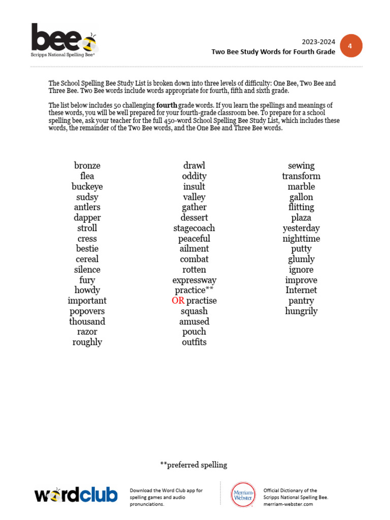 Fourth Grade Spelling Bee Words List | PDF | Spelling | Lexicology