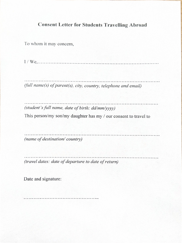 Consent Letter for Students Travelling Abroad | PDF