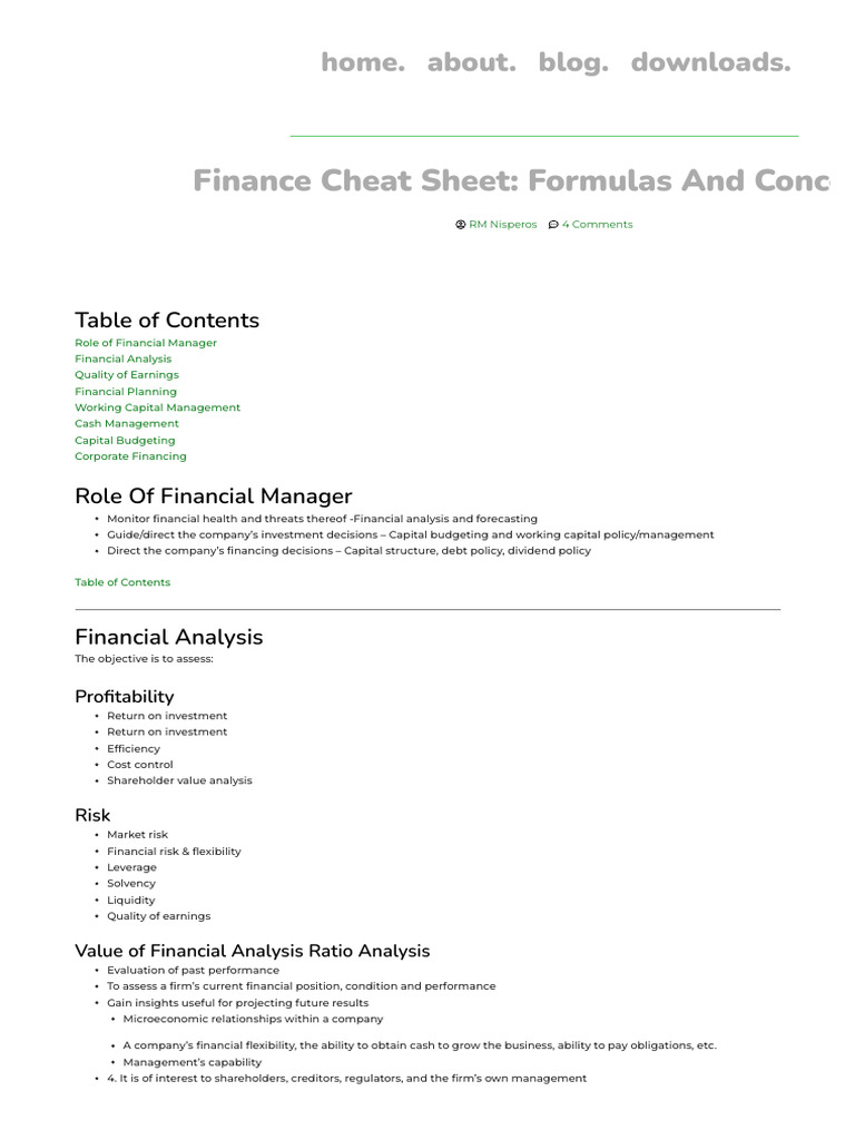 Finance Cheat Sheet: Formulas And Concepts | PDF | Net Present Value | Financial Risk