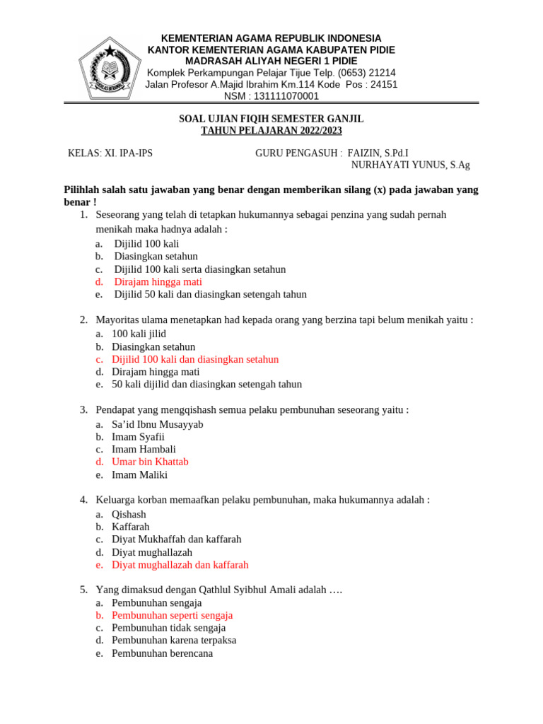 SOAL FIQIH KELAS XI.IPA-IPS | PDF