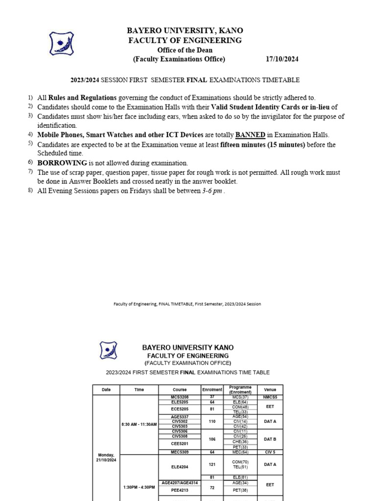 Faculty of Engineering-Final TimeTable-1st Semest-2023-2024 Session - 015739 | PDF