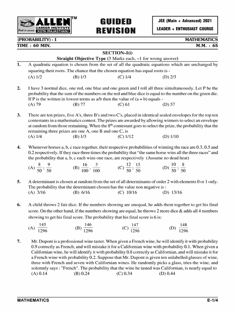 Guided Revision Sheet - Probability-1 | PDF