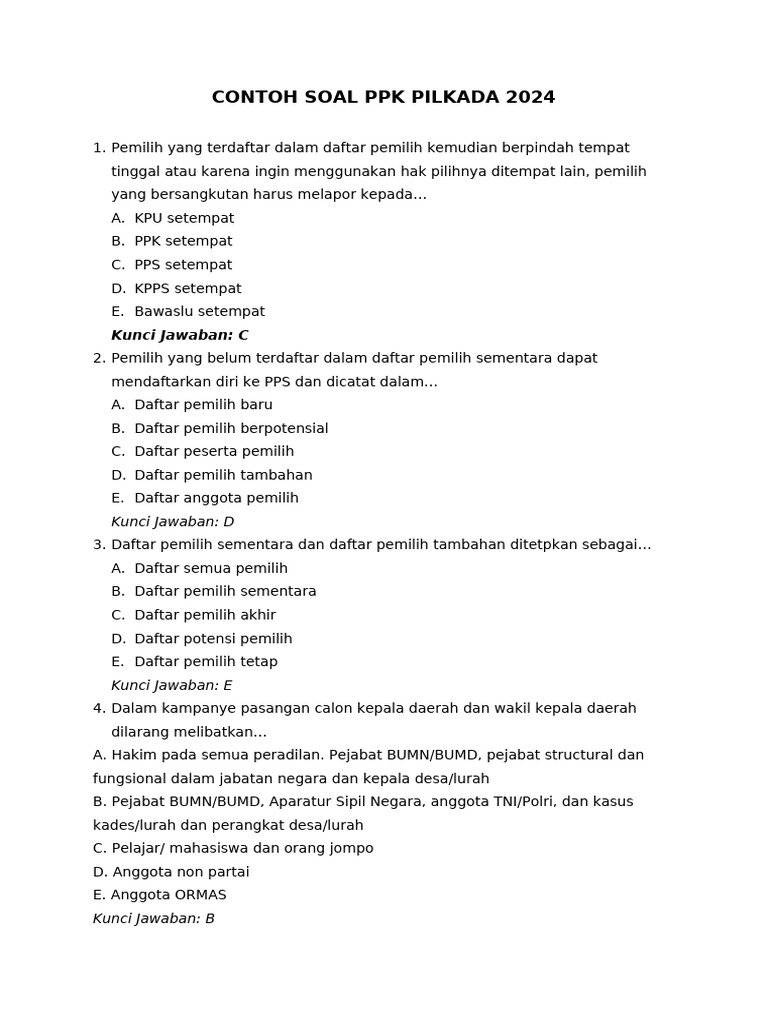 Contoh Soal PPK Pilkada 2024 | PDF
