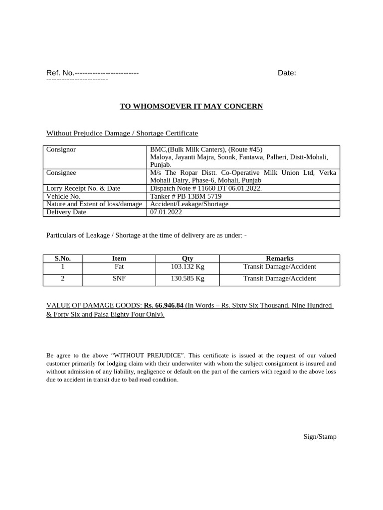 Damage Certificate for Transit Loss | PDF