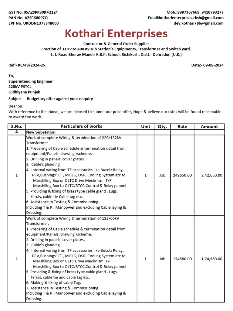 Budgetary Offer of Bay | PDF | Electrical Wiring | Transformer