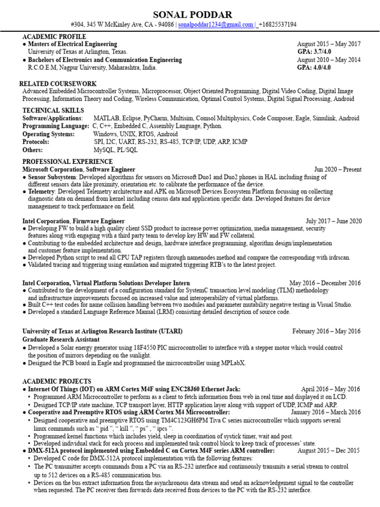 Sonal_Resume | PDF | Embedded System | Microcontroller