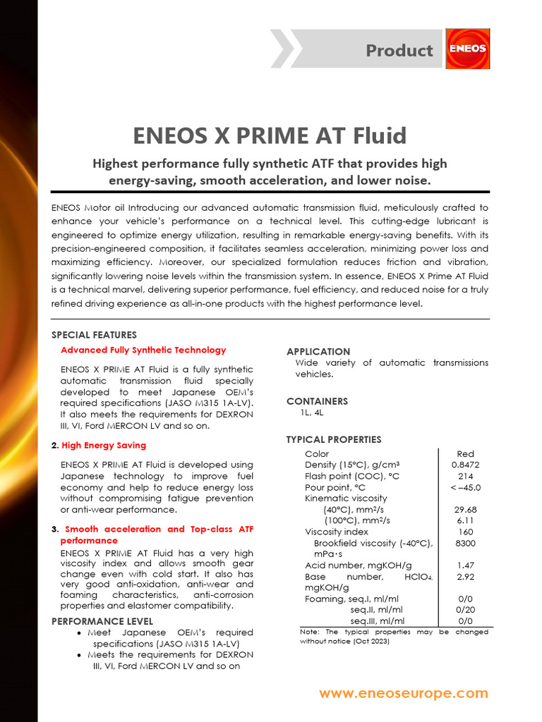 ENEOS X PRIME AT Fluid 1 | PDF | Mechanical Engineering | Automotive Industry
