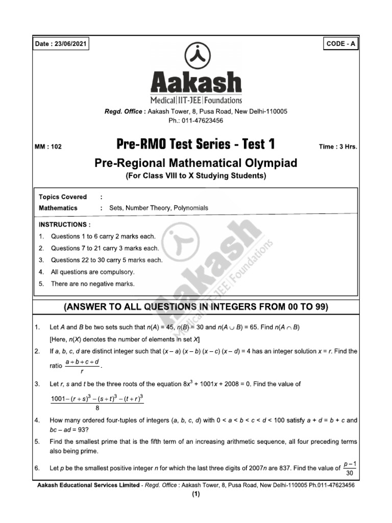 Prmo Test-1a - Class Viii to x (23!06!2021) | PDF