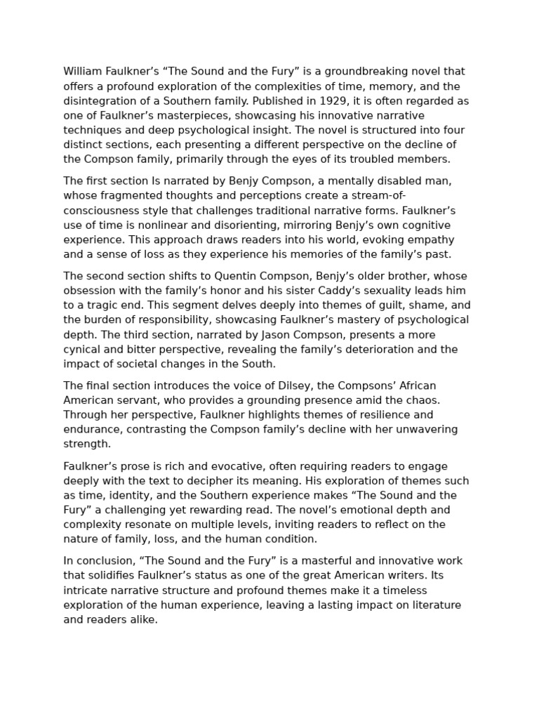 William Faukner's The Sound & Fury | PDF | Psychological Concepts ...