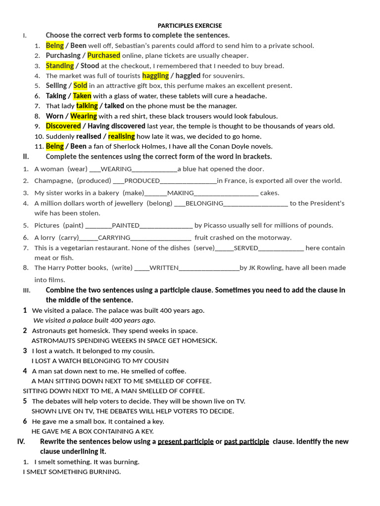 PARTICIPLES EXERCISE | PDF