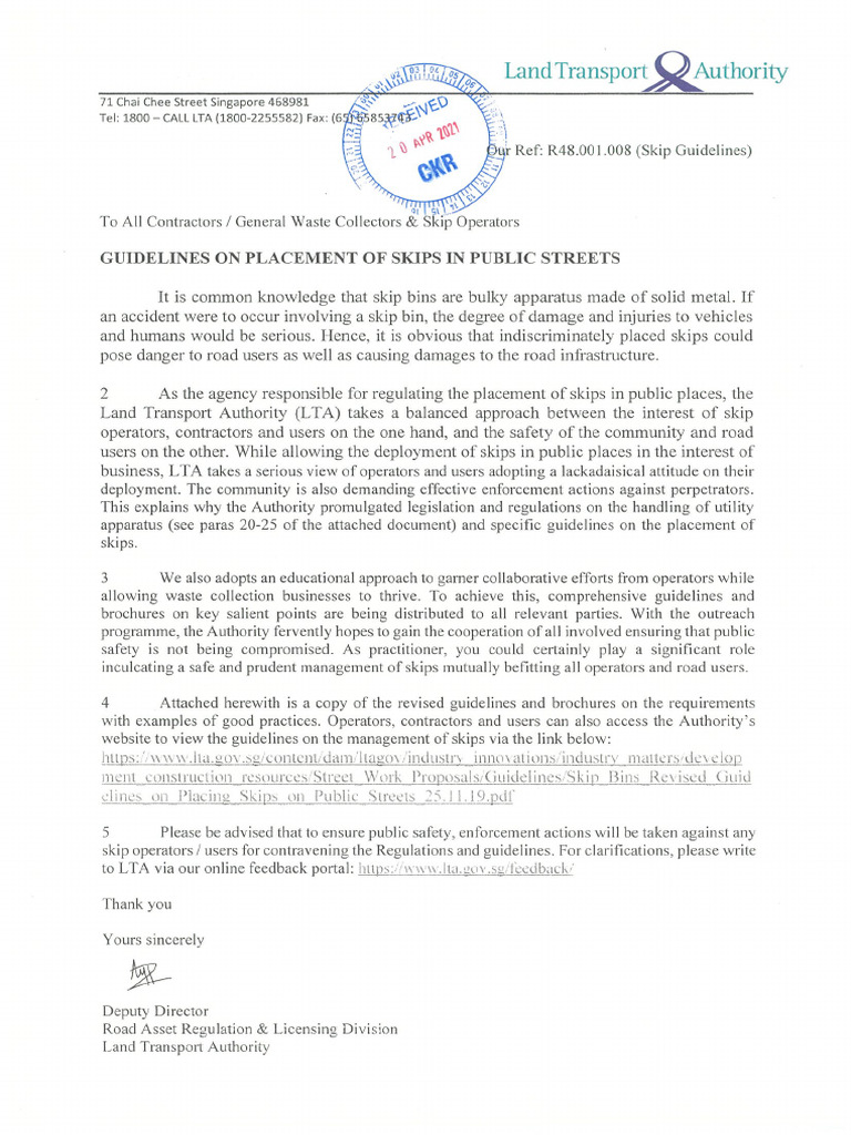 LTA Guidelines On Placement of Skips in Public Streets. | PDF