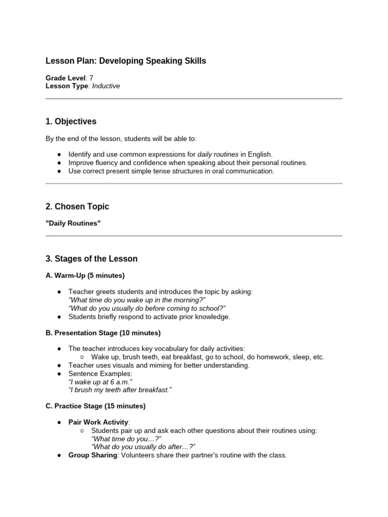 Daily Routines: Speaking Skills Lesson | PDF | Lesson Plan | Teachers