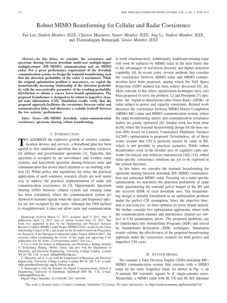 Robust Mimo Beamforming For Cellular And Radar Coexistence Pdf Mimo