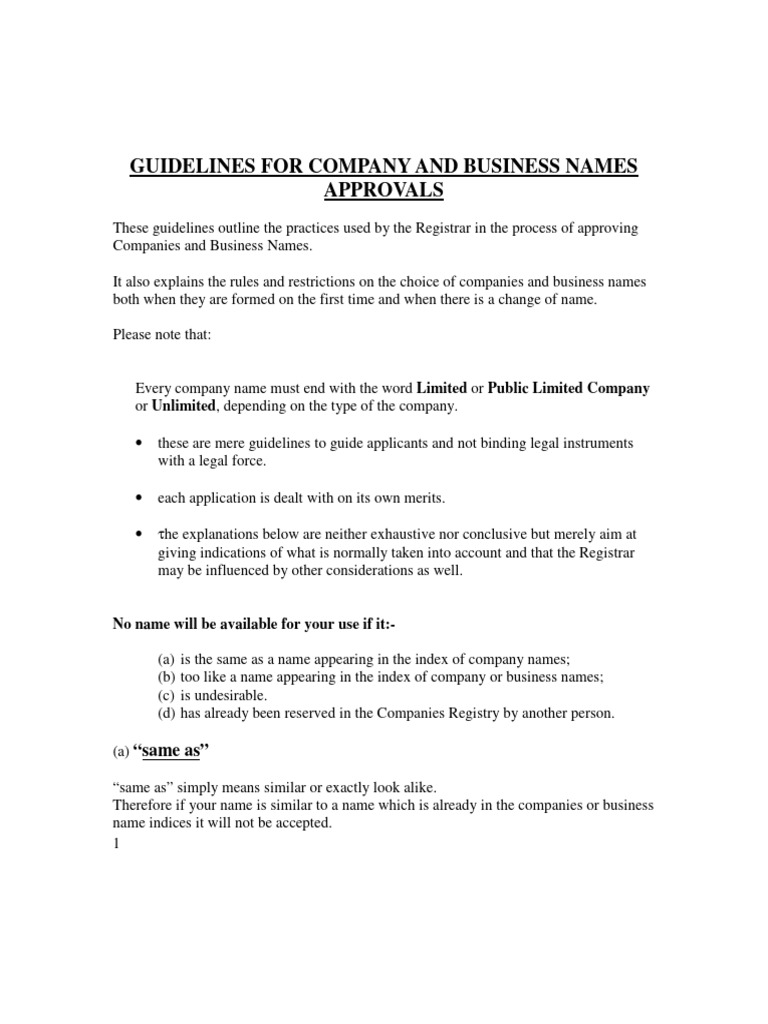 Guidelines For Company and Business Names Approvals | PDF