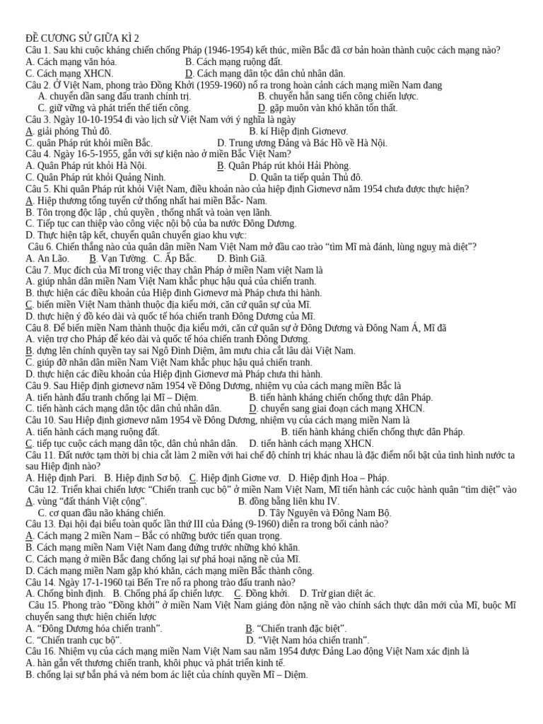 Đề Cuong Ông Tập Sử 12 Giữa Kì 2 Nh 2024 Có Đáp Án | PDF