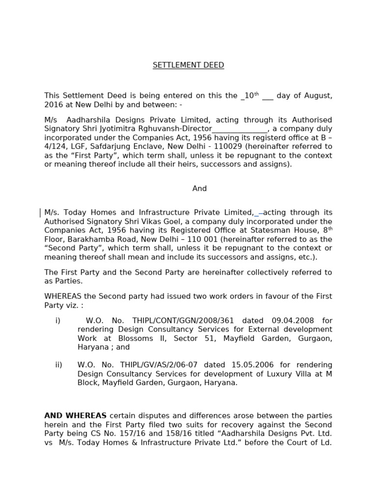 10 8 16 Final As Settlement Deed | PDF | Arbitration | Justice