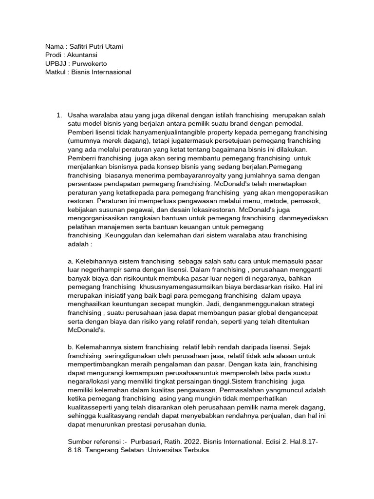 Tugas 3-BISNIS INTERNASIONAL-Safitri Putri Utami-044126775 | PDF