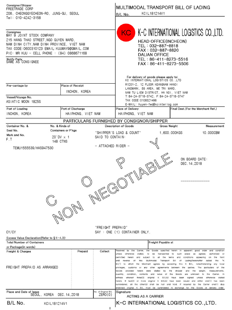 Revised Draft HBL - KCIL181214V1 | PDF