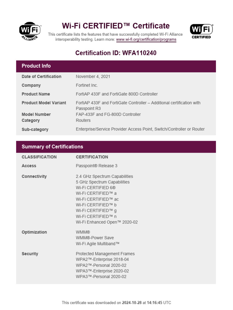 WFA110240 (FortiAP 433F and FortiGate Controller Additional ...