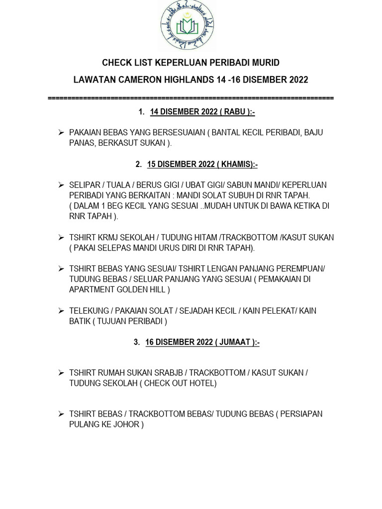 Check List Keperluan CH 14 - 16 Dis 2022 | PDF