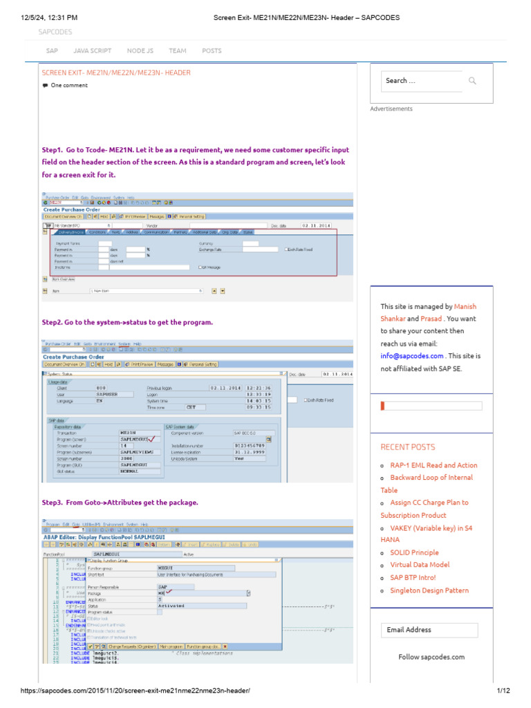 SAP Screen Exit Guide: ME21N/ME22N/ME23N | PDF | Software Development | Information Technology
