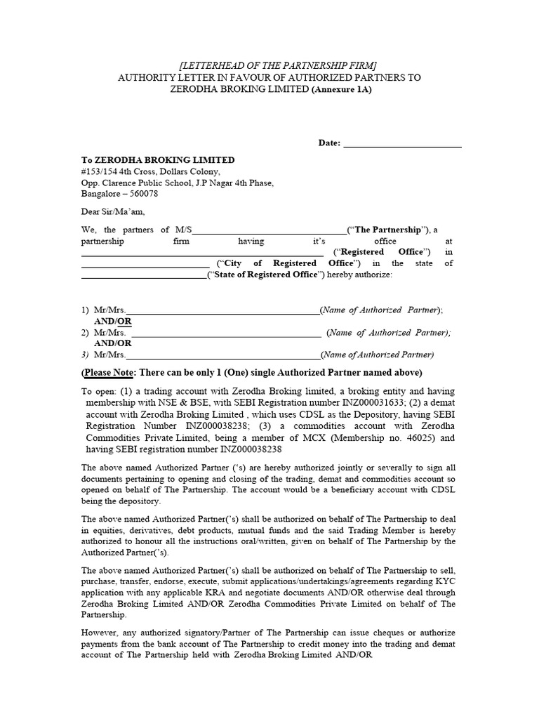 Partnership Authorization for Zerodha Accounts | PDF | Partnership ...