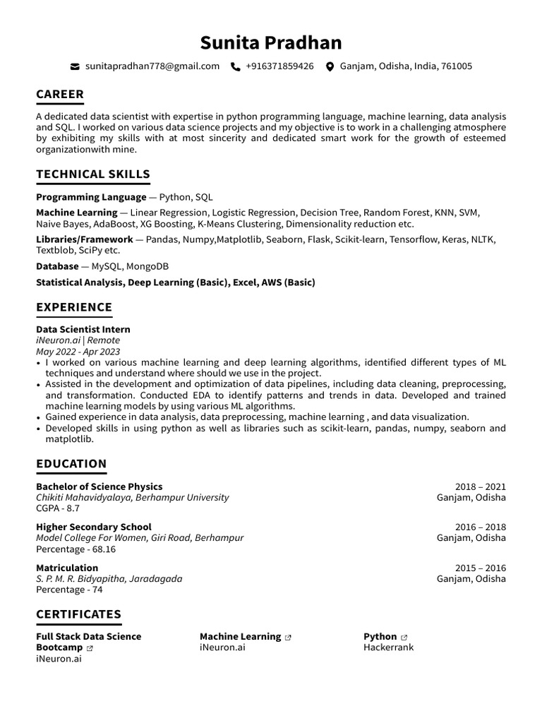 Sunita Pradhan Resume | PDF | Machine Learning | Data Science