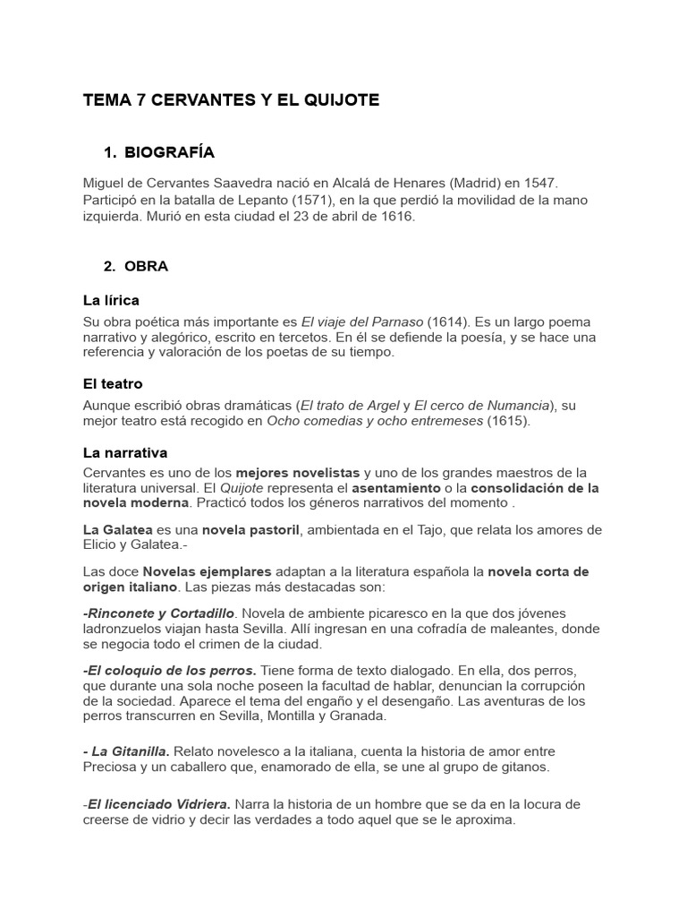 Tema 7 Cervantes y El Quijote | PDF | Miguel De Cervantes | Don Quijote